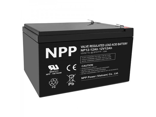 NPP NP12V-12Ah, AGM BATTERY, C20=12AH, T2, 151x98x95x100, 3,3KG, BLACK