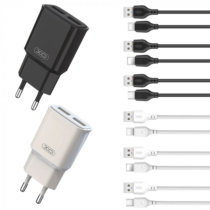 XO-L92C PUNJAC SA DVA USB-A SA MICRO KABLOM 2.4A CRNI