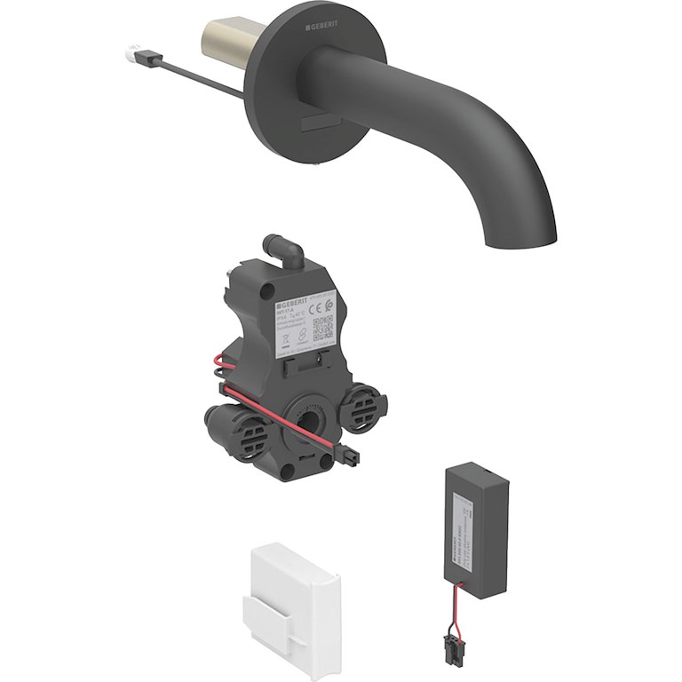 Geberit Piave zidna armatura za umivaonik, baterijsko napajanje, za ugradnu funkcionalnu kutiju, mat crna, sa termostatskim mešačem, 17 cm