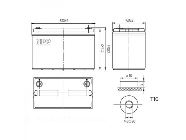 NPP NPG12V-100Ah, GEL BATTERY, C20=100AH, T16, 330x171x214x220, 27,3KG, Light grey