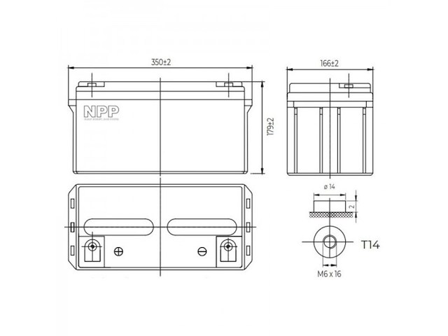 NPP NPG12V-65Ah, GEL BATTERY, C20=65AH, T14, 350*168*179*179, 18,3KG, Light grey