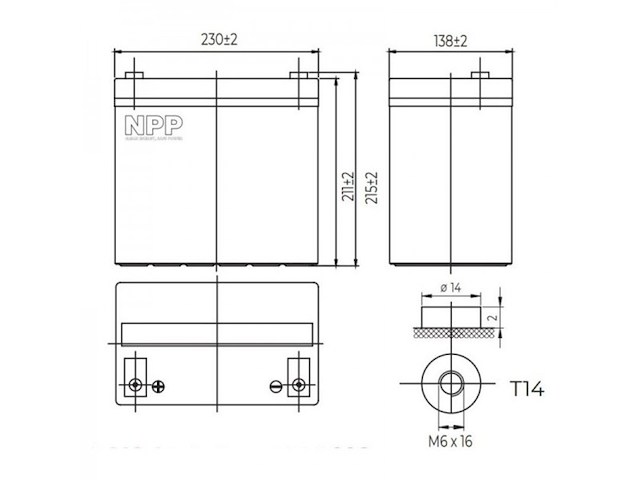 NPP NPG12V-55Ah, GEL BATTERY, C20=55AH, T14, 230*138*208*212, 15KG, Light grey