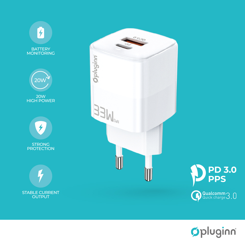 Kucni punjac Pluginn PL-D73, QC3.0 PD3.0, PPS, USB-PD 18W+20W, 38W (total) beli