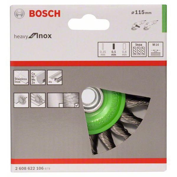 Bosch pločasta četka, nerđajuća 115 mm, 0,5 mm, M14 - 2608622106