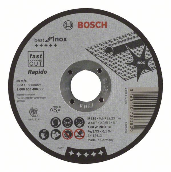 Bosch rezna ploča ravna Best for Inox - Rapido A 60 W INOX BF, 115 mm, 0,8 mm - 2608603486