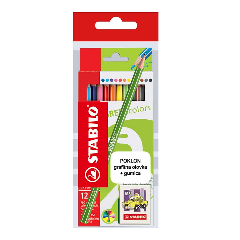 Drvene bojice STABILO GREENcolors 1/12 + olovka + gumica eko pak.