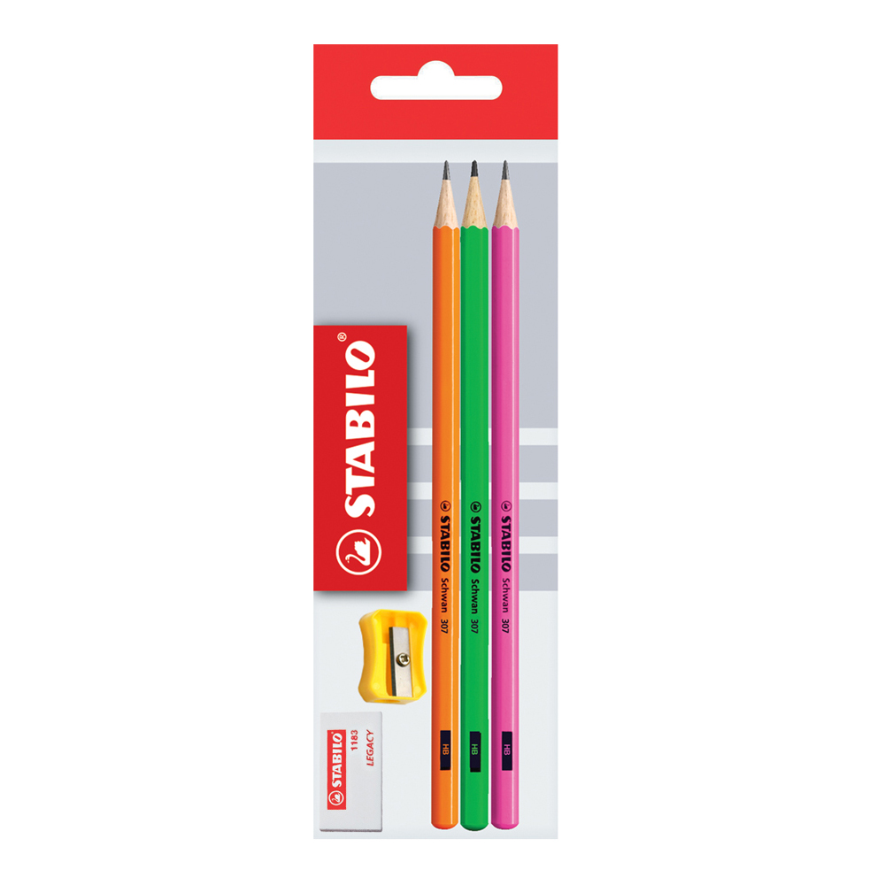 Graf. olovka STABILO Swano Neon 2 kom. + rezač + gumica eko pak.