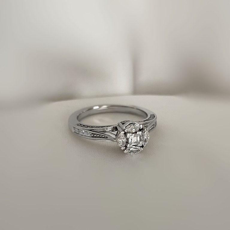 Verenički prsten od belog zlata sa cirkonima i zanimljivim profilom