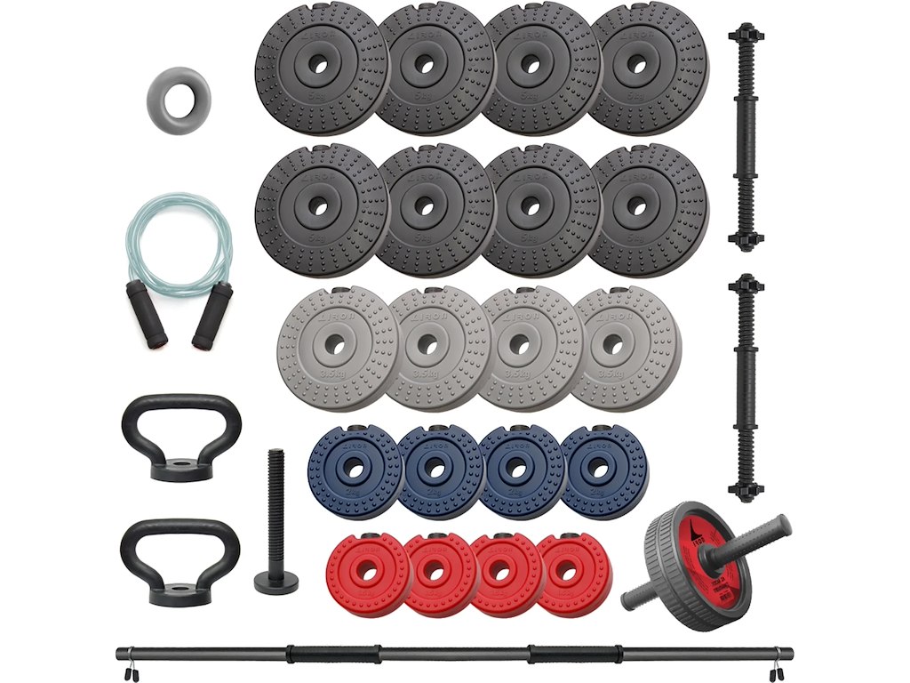 Iron Sport Tegovi set 88kg tegova 2+1 šipka ručka za zvono točak za trbušnjake guma za šaku i vijača