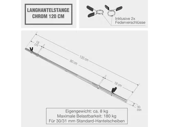 GORILLA SPORTS Duga šipka za tegove 120 cm + 2 sigurnosne opruge