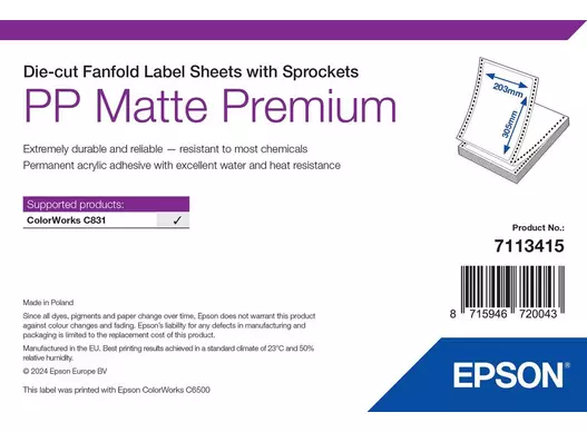 PP Matte Label Premium, Die-cut Fanfold Sheets with Sprockets, 203mm x 305mm, 500 Labels