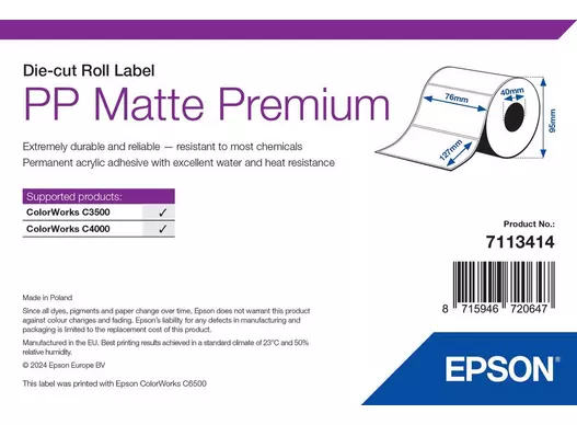 PP Matte Label Premium, Die-cut Roll, 76mm x 127mm, 220 Labels