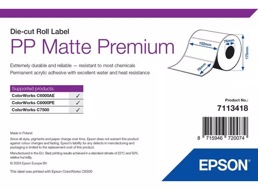 PP Matte Label Premium, Die-cut Roll, 102mm x 76mm, 1570 Labels