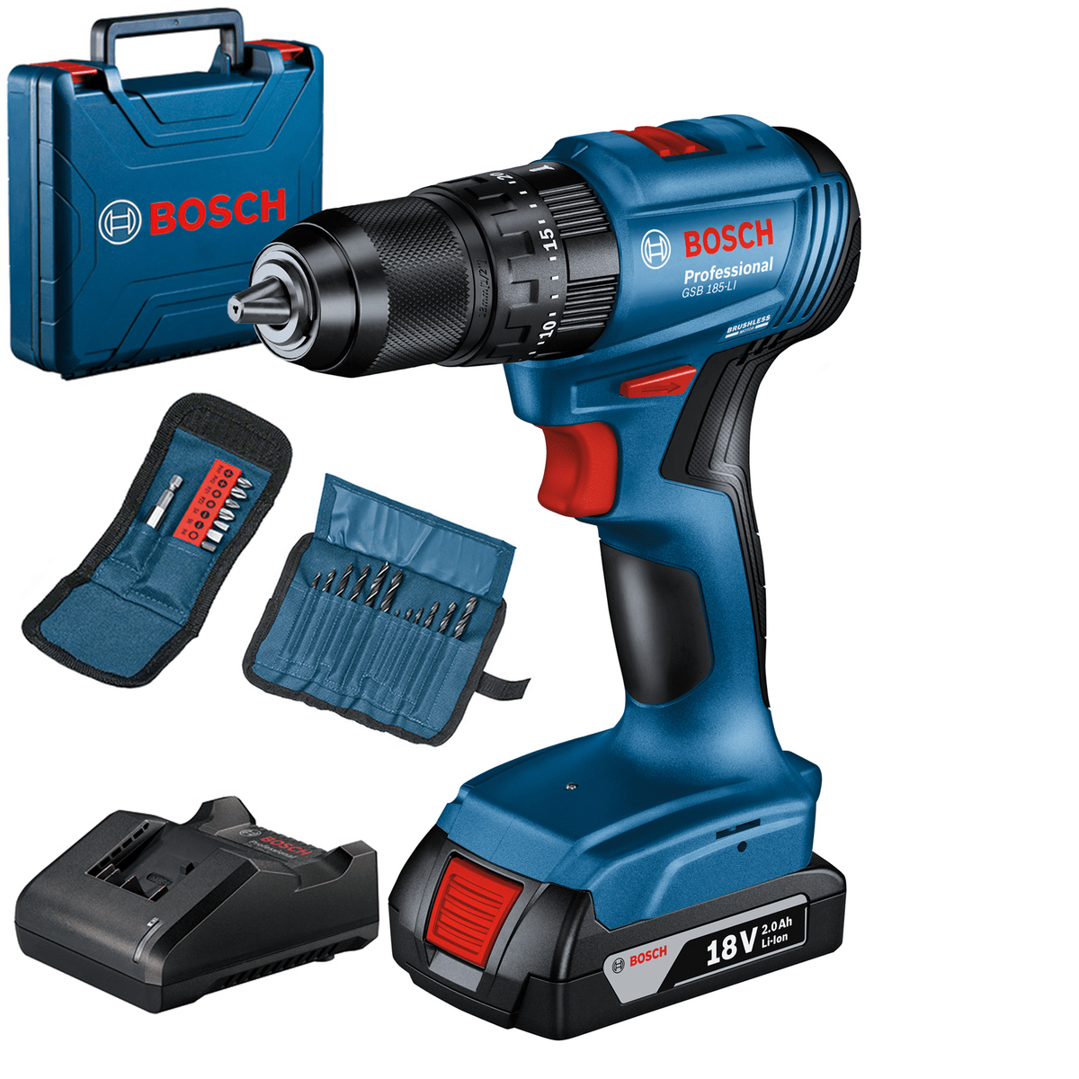 Bosch GSB 185-Li Akumulatorska vibraciona bušilica – odvrtač 18V, 1×2,0 Ah + 23-delni set pribora u koferu 06019K3102