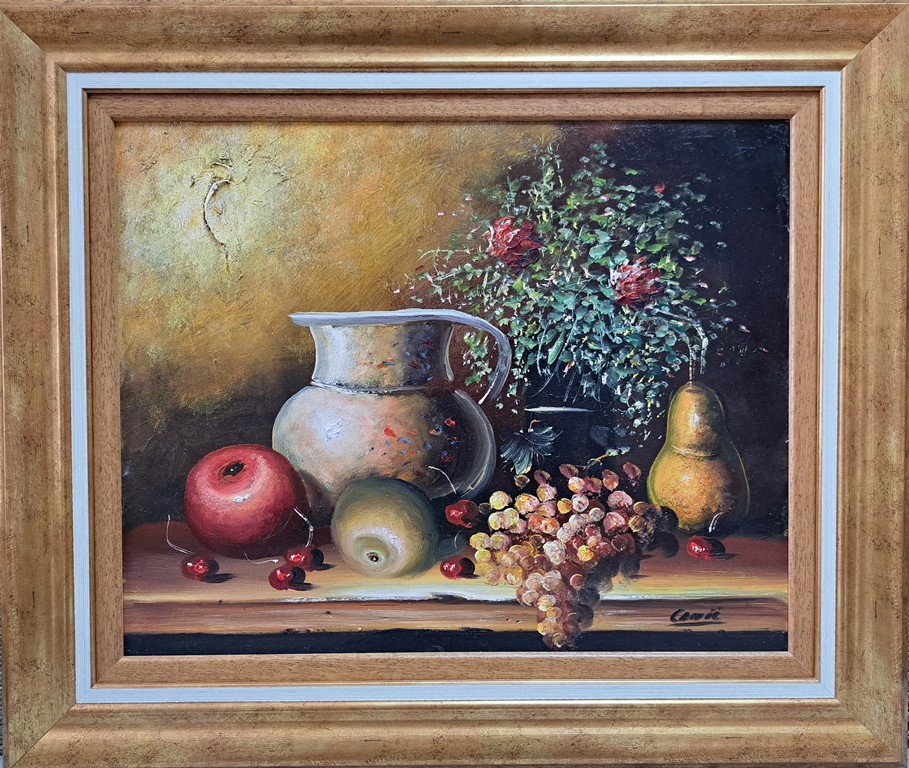 Mrtva priroda veca 1, Dragan Canić, ulje na platnu, sertifikat, luksuzno uramljena, sa 55×65 cm, bez 40×50 cm, 200 eura