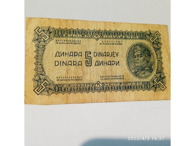 Jugoslavija 5 dinara 1944.