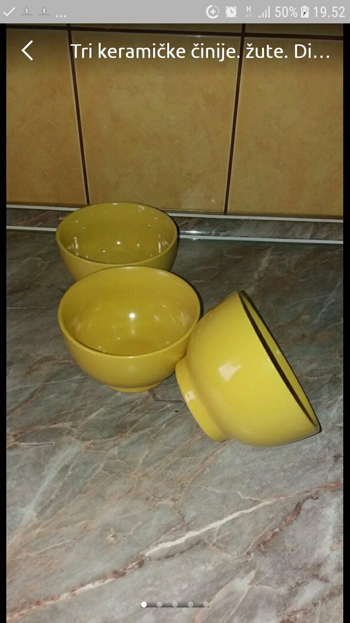 Tri keramičke činije. žute. Visina 9 cm,pfečnik 14 cm