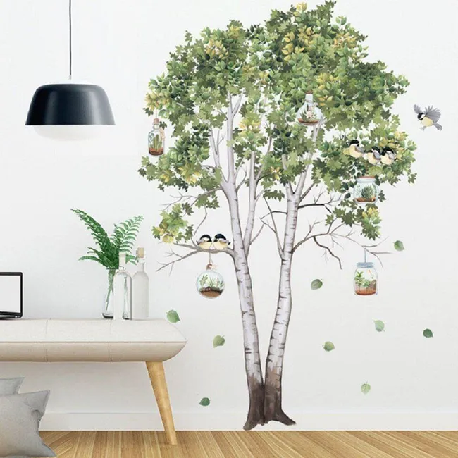 Veliko drvo breza zidne nalepnice sa zelenim lišćem zidne nalepnice Dnevna soba spavaća soba Ptice Home Decor poster Mural PVC dekoracija sobe