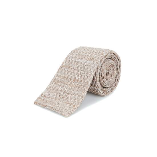 Beige Geometric Pattern Knitted Textured Tie