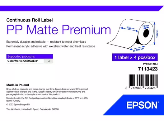PP Matte Label Premium, Continuous Roll, 210mm x 55m