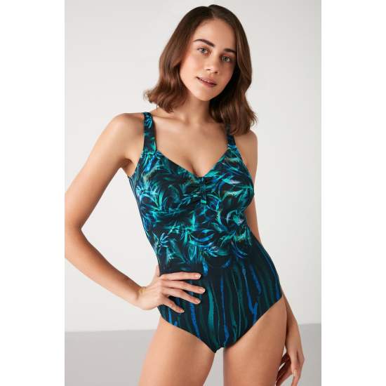 Valgun Leaf Patterned Gathering Swimsuit