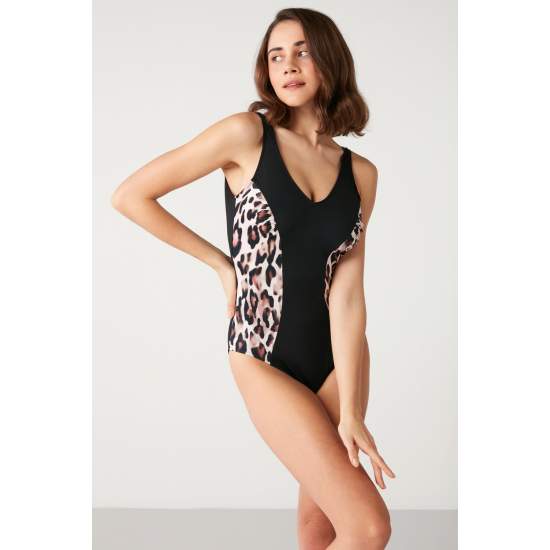 Leopard Patterned V-Neck Swimsuit