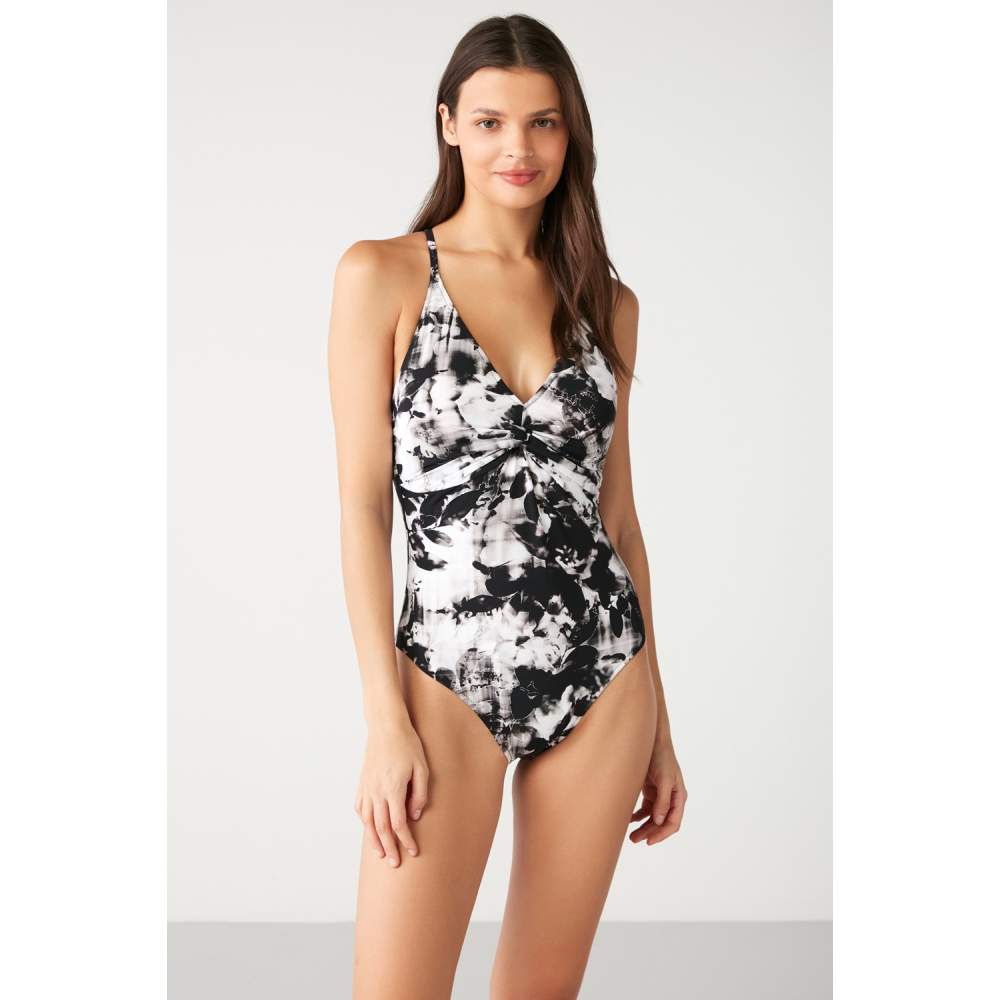 Kelaboon Patterned Back Detailed V-Neck Swimsuit