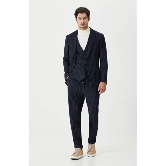 Navy Blue Vest Striped Wool Suit