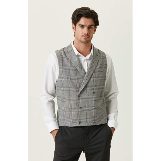 Navy Blue-Ecru Double Breasted Collar Plaid Vest