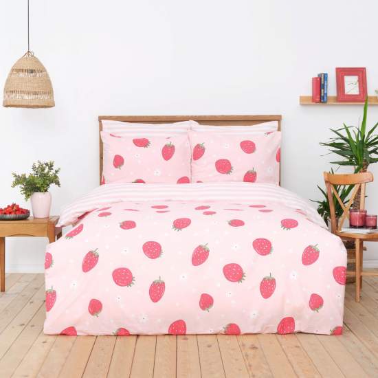 Sarah Anderson Strawberry Pink 100% Cotton Single Duvet Cover & Pillow Set