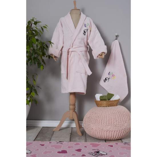 Peanuts by Karaca Home Love Powder Embroidered Childrens Bathrobe Set 8-10 Years