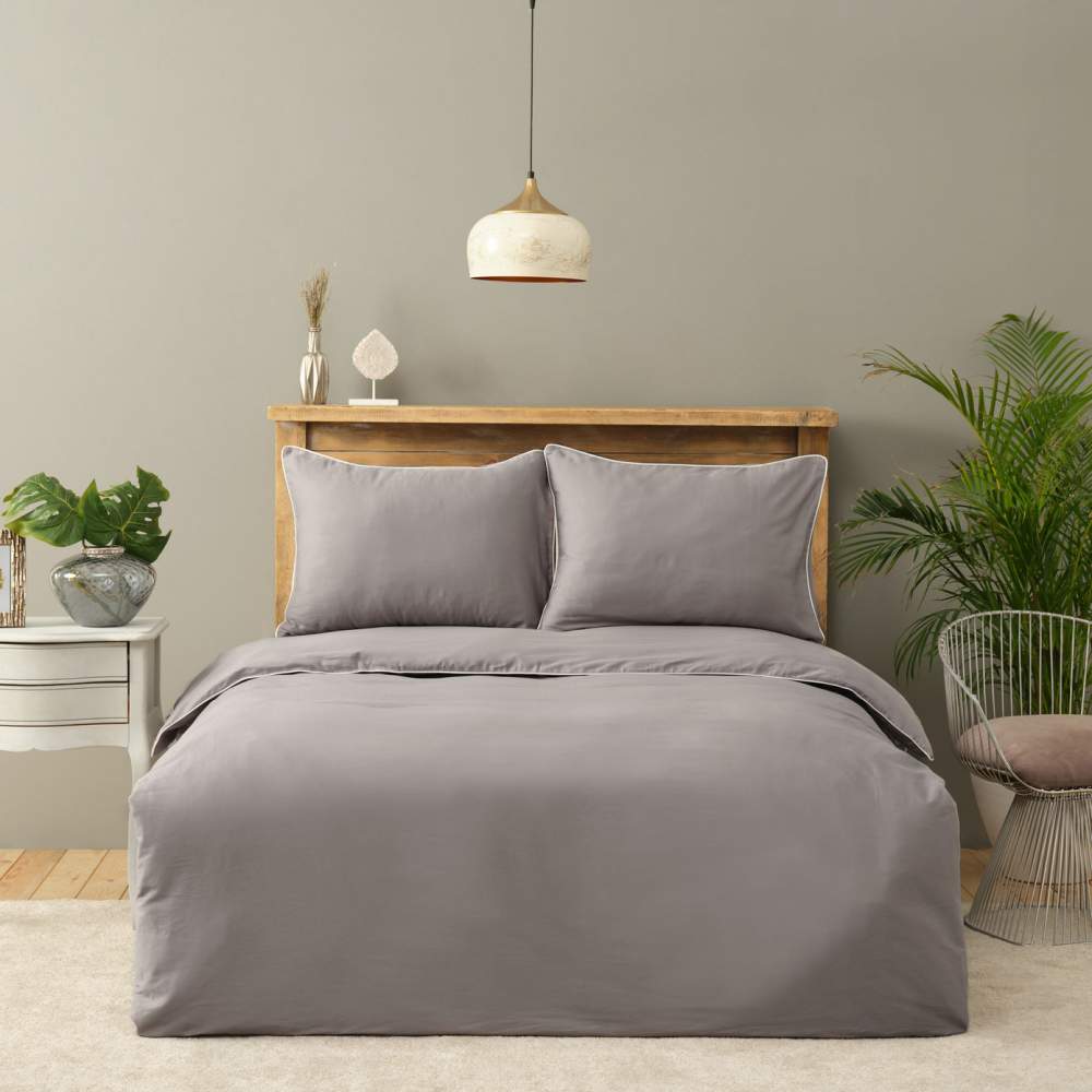 Karaca Home Gray Offwhite Piping 100% Cotton Satin Double Duvet Cover Set
