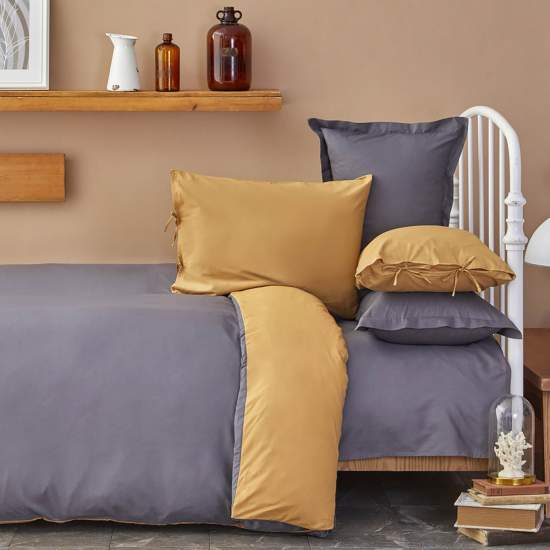 Karaca Home Basic Mustard Anthracite 100% Cotton Double Sided Double Duvet Cover Set