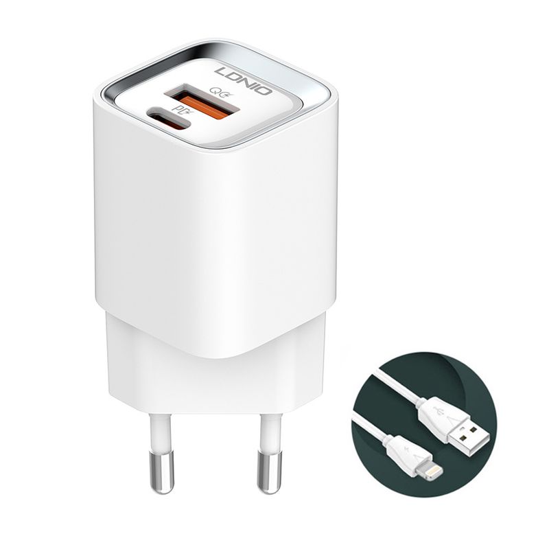 Kucni punjac LDNIO A2317C, 3.6A, QC3.0 18W, PD 30W sa Iphone lightning kablom beli