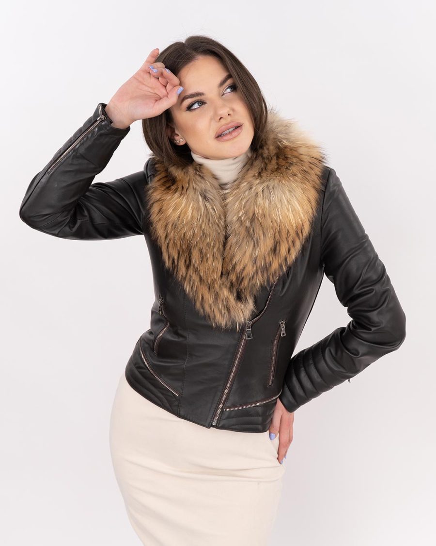 Ženska kožna jakna sa krznom – Kim – Tamno braon, natur krzno