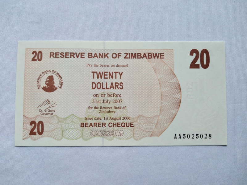 Zimbabve 20 dolara,2007 god.UNC,AA