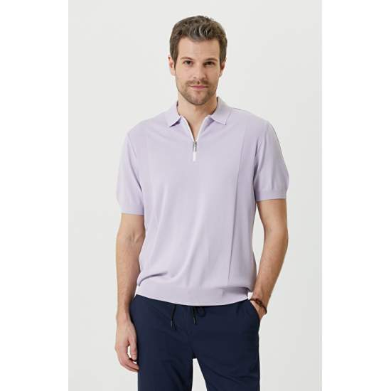 Lilac Polo Collar Zippered Sweater