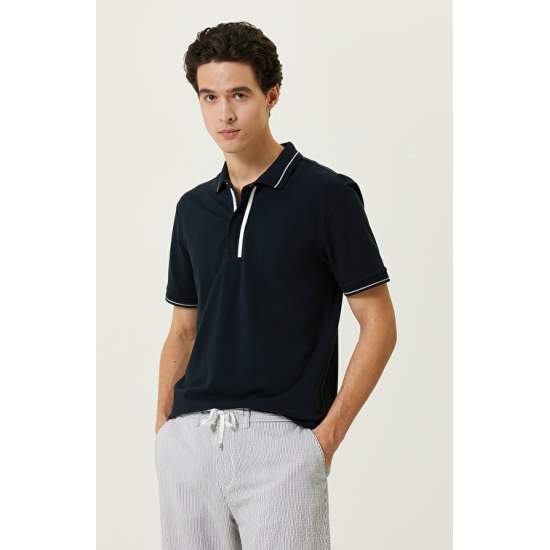 Navy Blue Zippered Polo Neck T-Shirt