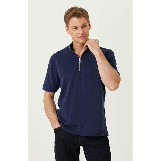 Navy Blue Zipper Short Sleeve Sweatshirt