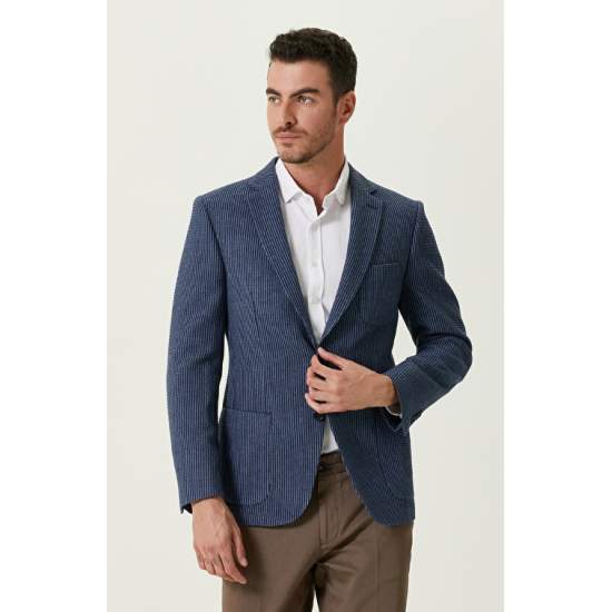 Blue Jacquard Wool Woven Jacket