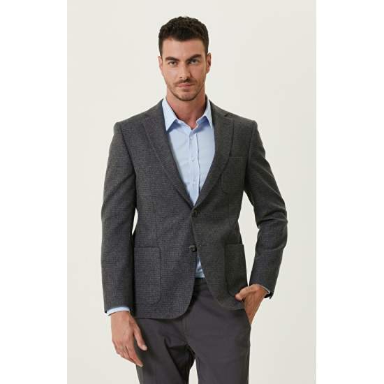 Dark Gray Checkered Wool Woven Jacket