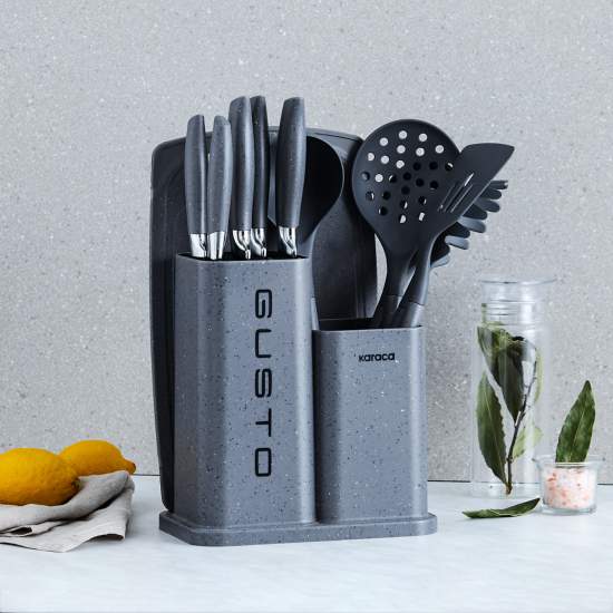 Karaca Gusto Gray 12 Piece Knife Serving Cutting Board Set