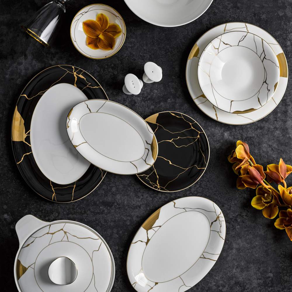 Jumbo Marble 61 Pieces Bone Dinnerware Set for 12 Persons