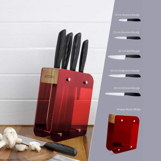 Emsan Kumsal Red 6 Pcs Knife Set with Stand