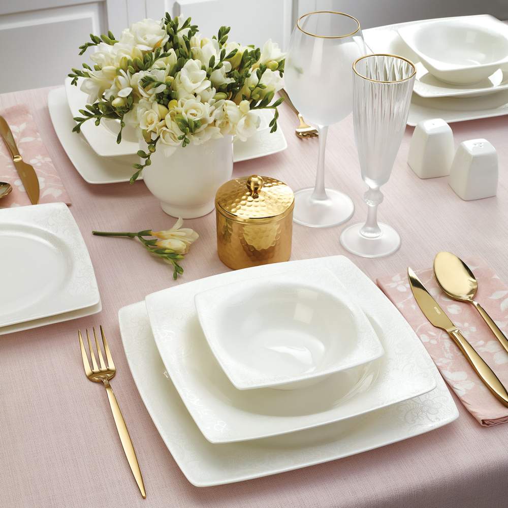 Emsan Fine Bone Meyra 61 Pieces Square Dinnerware Set for 12 Persons