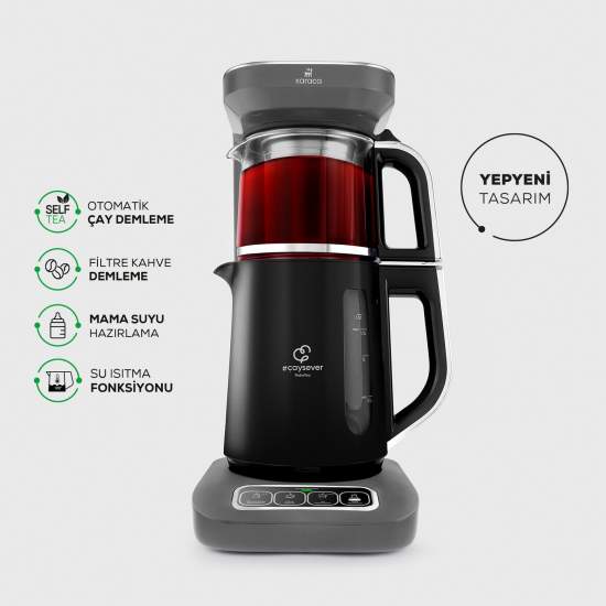 Karaca Çaysever Robotea Pro 4 in 1 Talking Automatic Tea Maker Kettle and Filter Coffee Brewing Machine 2500W Space Gray