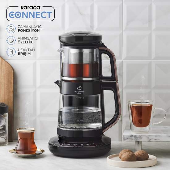 Karaca Çaysever Robotea Connect 3 in 1 Talking Automatic Glass Tea Maker Kettle and Filter Coffee Brewing Machine 2500W Rosegold