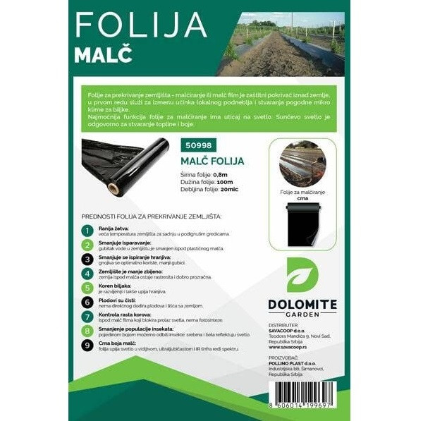 Malč folija 0.8m x 100m 20mic DOLOMITE