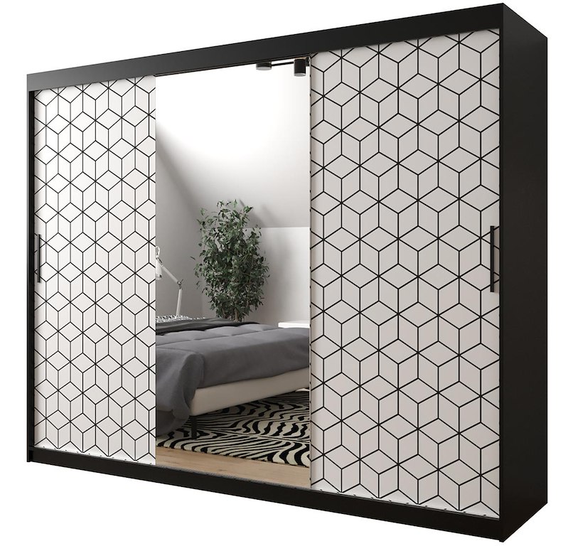 Hexagon ormar/ogledalo 3 vrata 250x62x200 cm crno/beli