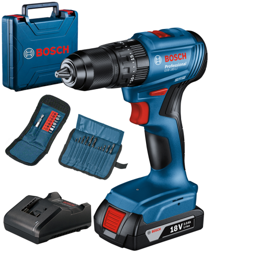 Bosch GSB 185-Li Akumulatorska vibraciona bušilica - odvrtač 18V, 1x2,0 Ah + 23-delni set pribora u koferu 06019K3102